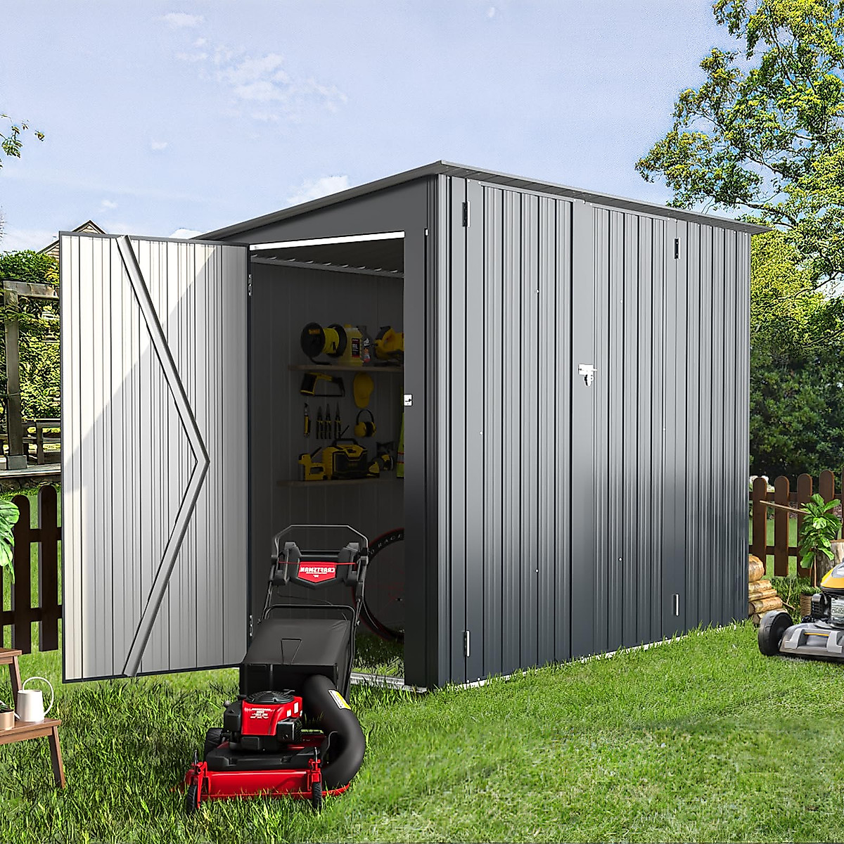 AECOJOY Storage Shed, 4' x 7.5' Bike Sheds & Outdoor Storage with Racks, Metal Double-Sided Door Storage Cabinet Sheds for Garden