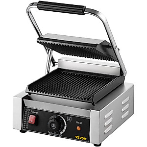 Happybuy Commercial Sandwich Panini Press Grill,1800W Single Flat Plates Electric Stainless Steel Sandwich Maker, Temperature Control 122°F-572°F for Hamburgers Steaks Bacons