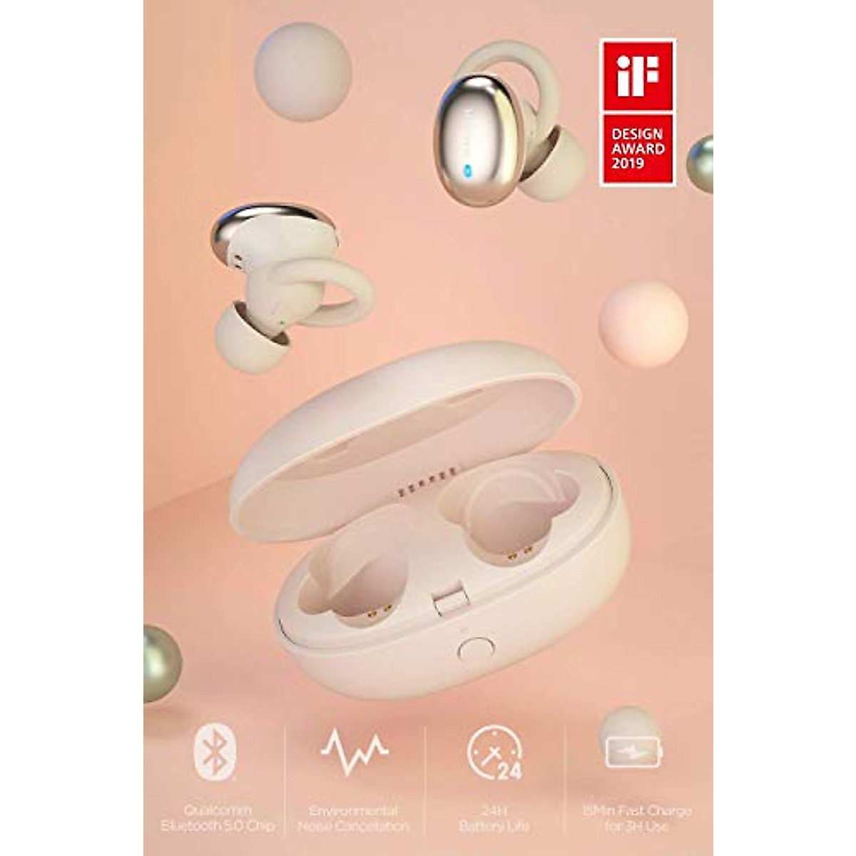 1MORE Stylish True Wireless in-Ear Headphones - Bluetooth - 6.5 Hours of Battery - 15-Minute Quick Charge for 3 Hours of Use – Portable Charging Headphone Case Included - Gold (Renewed)