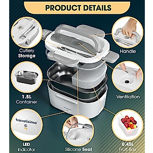 TRAVELISIMO Electric Lunch Box 60W, 3 in 1 Ultra Quick Portable Food Warmer 12/24/110V, Heated Lunch Boxes for Adults Leakproof, SS Container, Luncheaze Heater for Car Truck Work, Loncheras Electricas