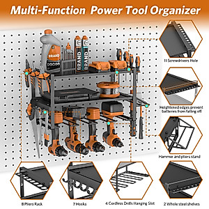 satiarep Power Tool Organizer Wall Mount,Power Drill Tool Holder,Tool Organizers and Storage for Workshop,Garage,Heavy Duty Metal Power Tool Storage Rack,4 Drill Holders,3 layers,Black