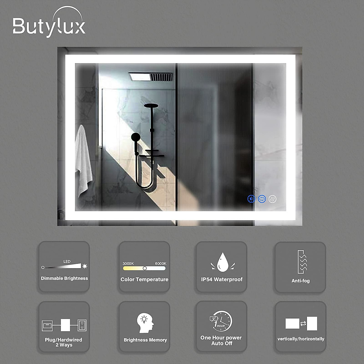 Butylux 32x24 inch LED Bathroom Mirror with Adjustable, Stepless Dimmable, Anti-Fog, Wall Mounted Lighted Bathroom Mirror with Smart Touch Button, Memory Function, 3000K-6000K (Horizontal/Vertical)