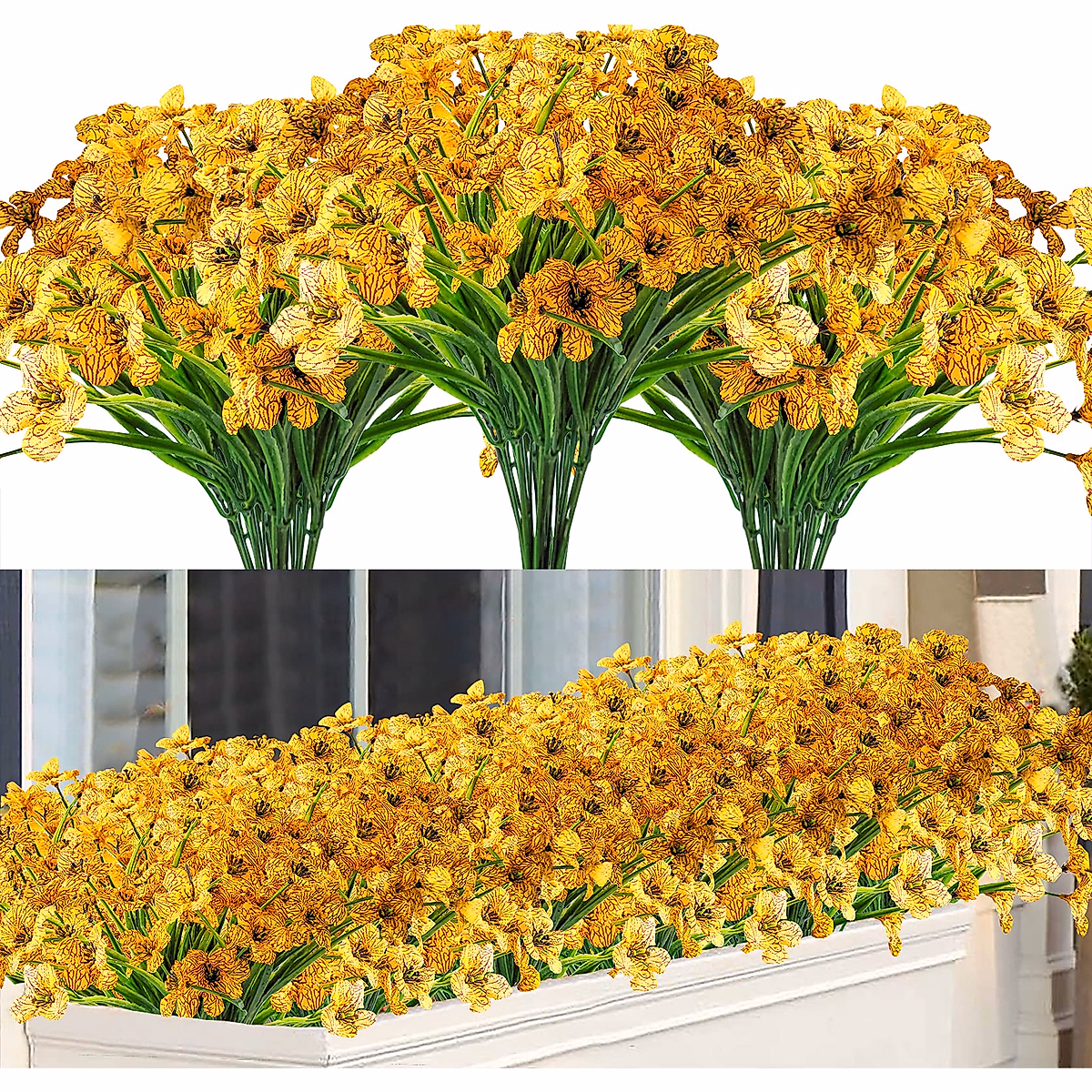 AUMVEYI 4 Bundles Artificial Plants Outdoor Fake Mums Flowers Bulk UV Resistant Faux Greenery Plastic Floral Decoration for Home Outside Garden Porch Hanging Planter décor