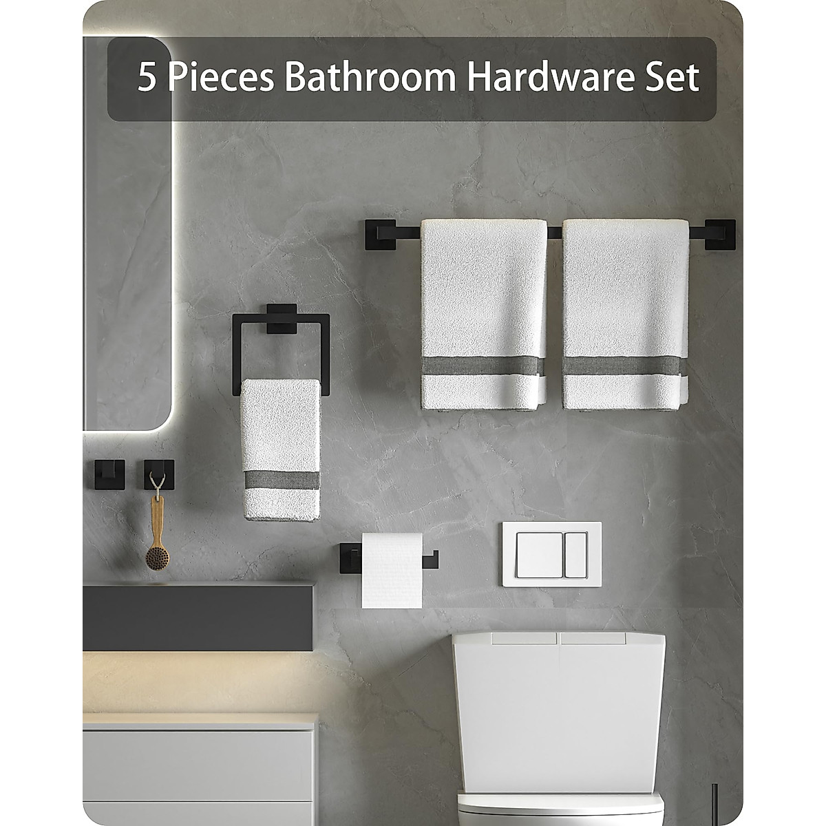 Hinmood Matte Black Bathroom Hardware Set, 5 Pieces Hardware Accessories Set SUS304 Stainless Steel Bath Towel Bar Set, Wall Mounted Towel Rack for Bathroom (Black, 16 Inch)