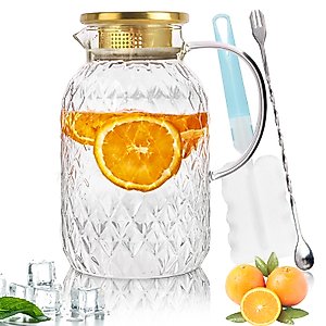 Glass Pitcher,68 oz / 2 Liter Glass Pitcher with Lid,Iced Tea Pitcher,Glass Water Pitcher,1.76qt Drink Pitcher with Lid,Glass Water Jug