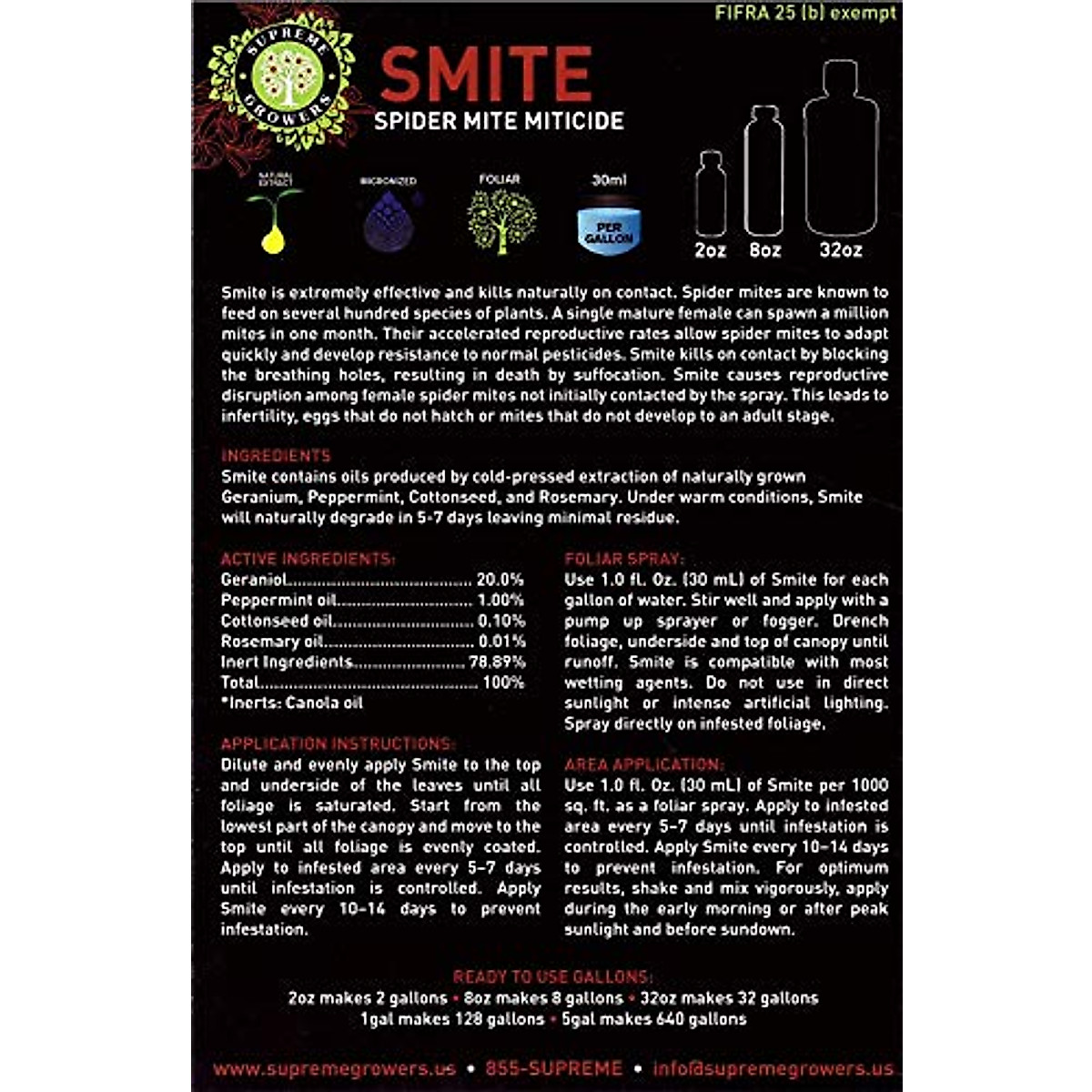 Supreme Growers Smite Spider Mite Killer, All Natural Pesticide, Non-Toxic, Biodegradable, Organic Eco Friendly Pest Control (32oz Ready to Use Spray Bottle)