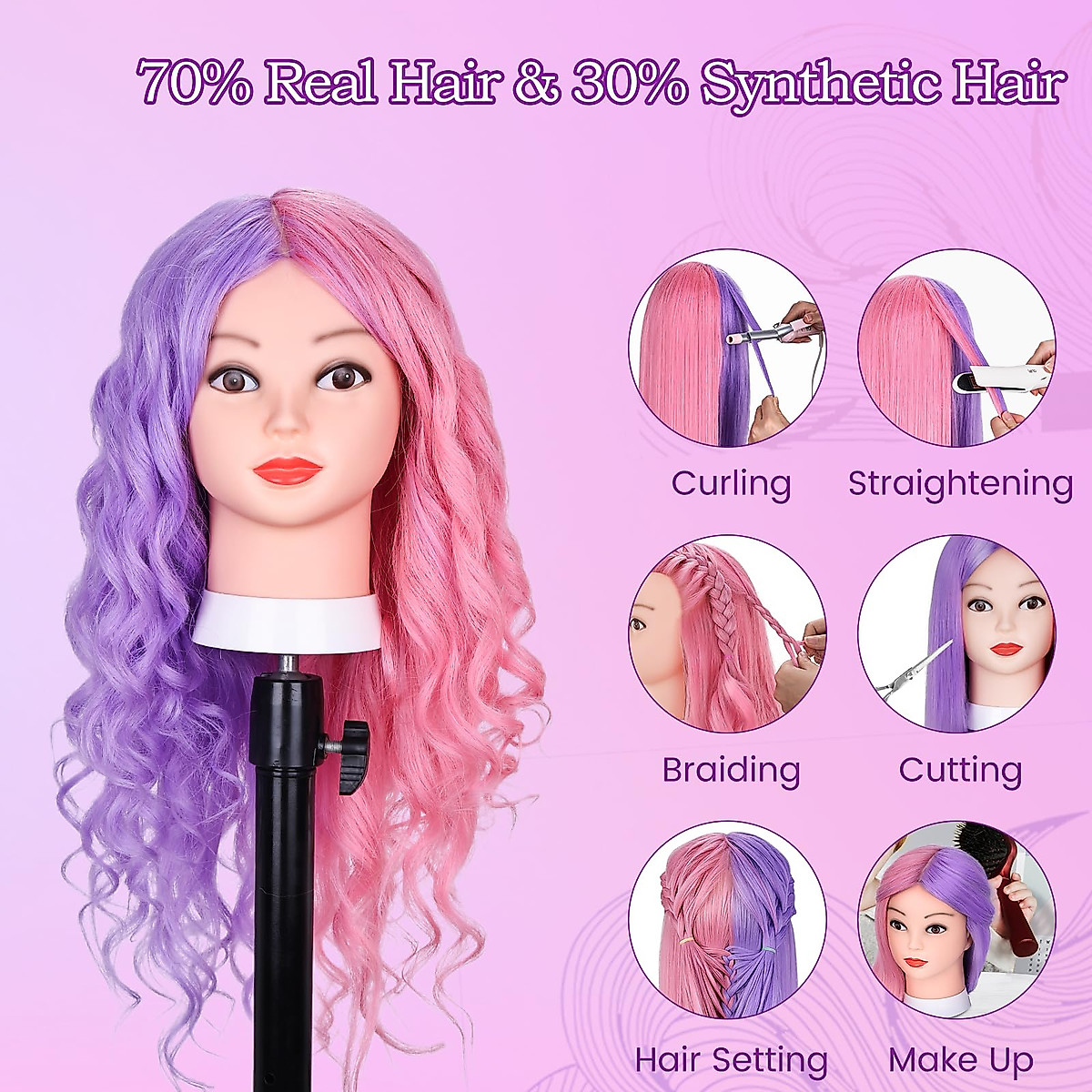 MYSWEETY Mannequin Head with Hair, Doll Head for Hair Styling, 26" Manikin head with 70% Real Human Hair Cosmetology Makeup Hairdressing Training Head with Clamp Holder and Tools