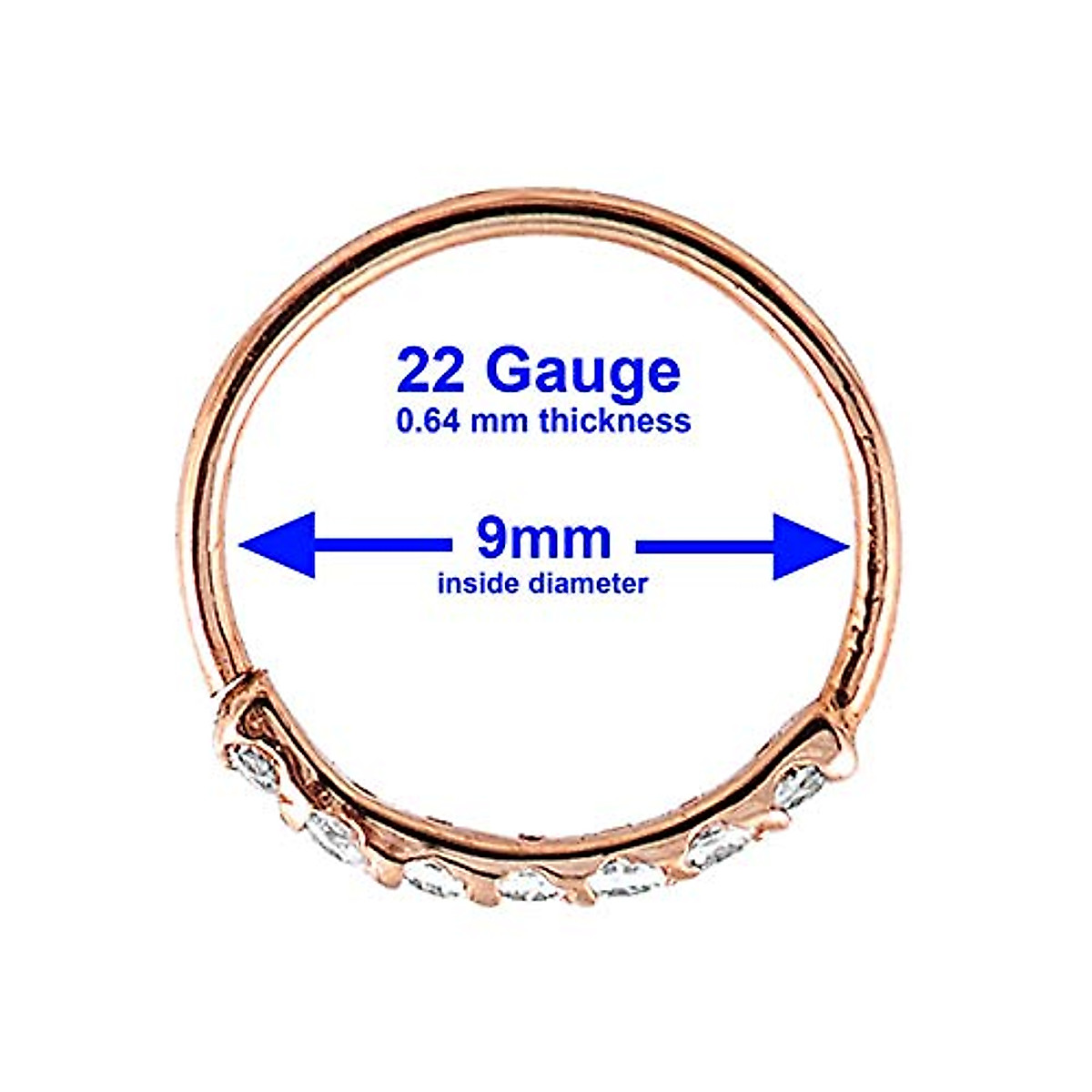 Jewelry Avalanche 925 Sterling Silver Nose Ring, 22G Nostril Hoop Ring, Helix Earring, Cartilage Earring, 9mm Inside Diameter, Prong set 7-CZ Accented - Rose Gold