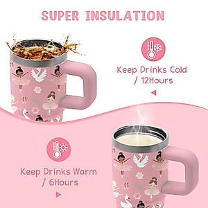 Ballerina Gifts for Girls, Pink Ballerina Tumbler with Handle and Straw for Kids, Insulated Stainless Steel Travel Mugs, Birthday Valentines Day Gifts for Dance Lover Girls Women Dancer