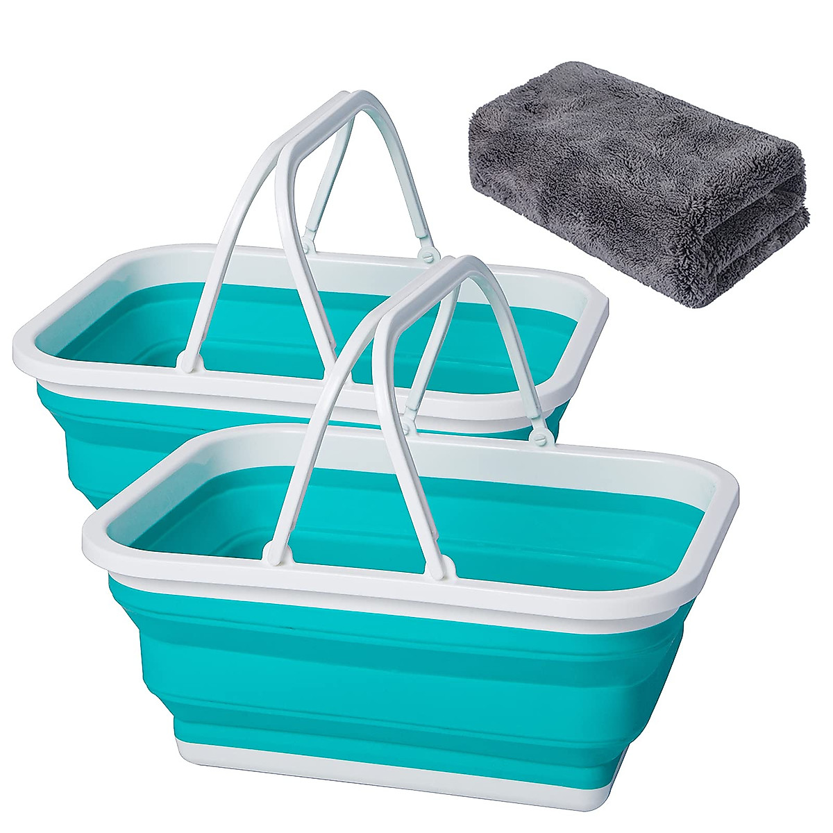 AUTODECO 2 Pack Collapsible Sink with Handle Towel, 2.37 Gal / 9L Foldable Wash Basin for Washing Dishes, Camping, Hiking and Home Blue