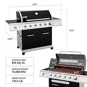 Royal Gourmet GA6402H 6-Burner Propane Gas Grill with Sear Burner and Side Burner, 74,000 BTU, Cabinet Style Outdoor BBQ Grill for Barbecue Grilling and Backyard Cooking, Black