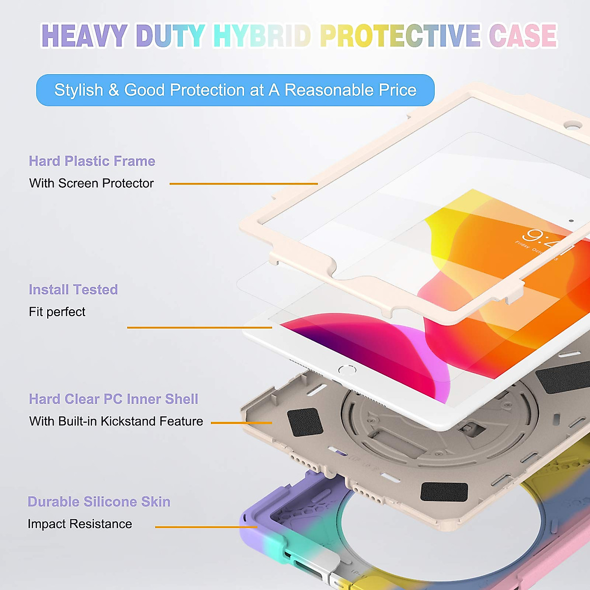 TSQQST iPad 9th 8th 7th Generation Case for Kids Girls 2021 2020 2019 | iPad Case 10.2 Inch Pink Colorful Cute w/Pencil Holder Screen Protector Stand Hand Shoulder Strap for iPad 9th/8th/7th Gen