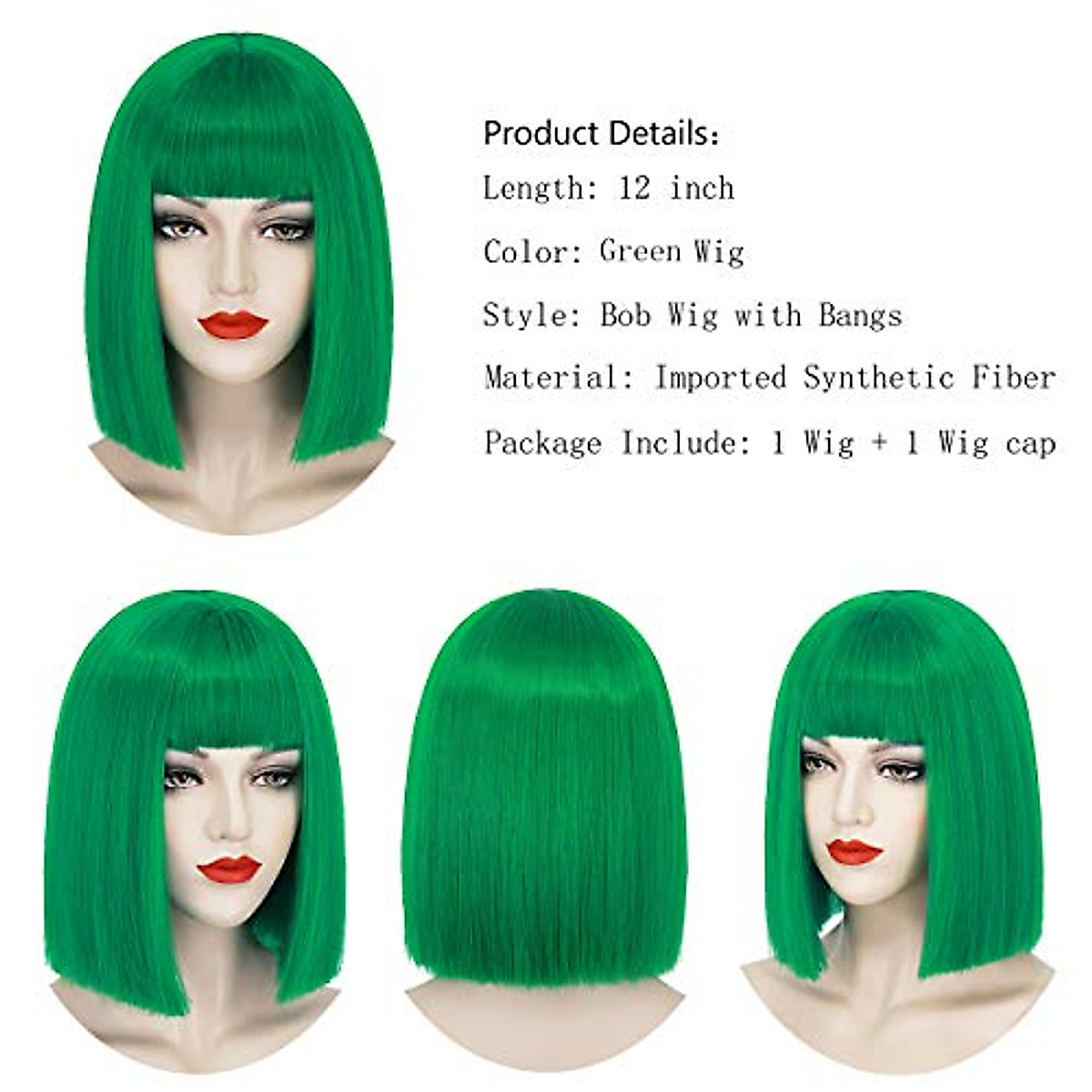Juziviee Green Wigs for Women 12'' Short Green Bob Wig with Bangs Natural Cute Soft Synthetic Wigs for Party St Patricks Day AD016DGR