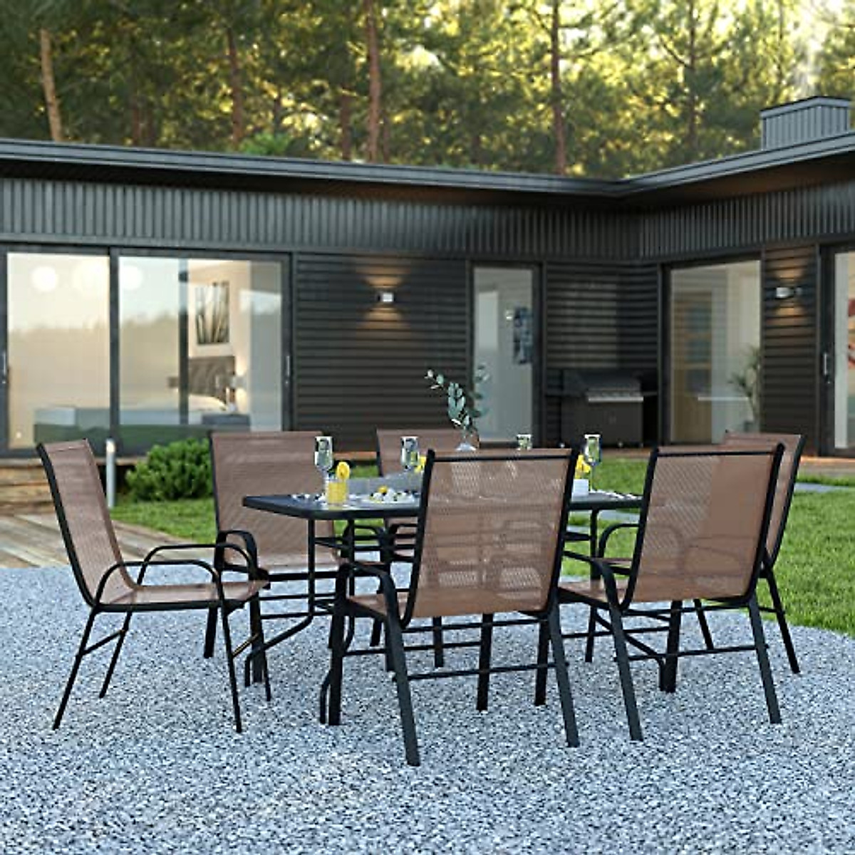 Flash Furniture 6 Flex Comfort Stack Chairs, 55" Tempered Glass Patio Table with Umbrella Hole, Brown