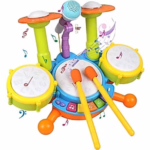 POKONBOY Kids Drum Set for Toddler 1-3, Musical Instruments Learning Toys with 2 Drum Sticks Adjustable Microphone Birthday for Boys Girls 6 12 18 Month (Yellow)