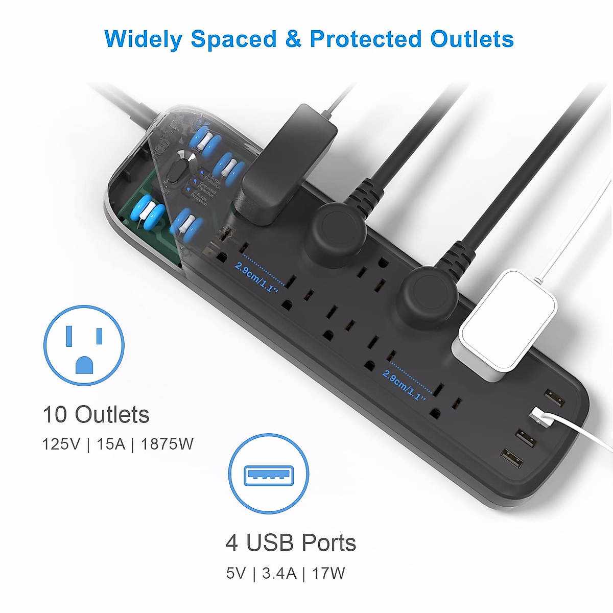 High Joules Power Strip Surge Protector (2x4000J), TROND 6 ft Extension Cord Black Safe Power Strip with Dual Surge Protection 10 Outlets 4 USB Charger, Flat Plug Power Strip for Christmas Lights