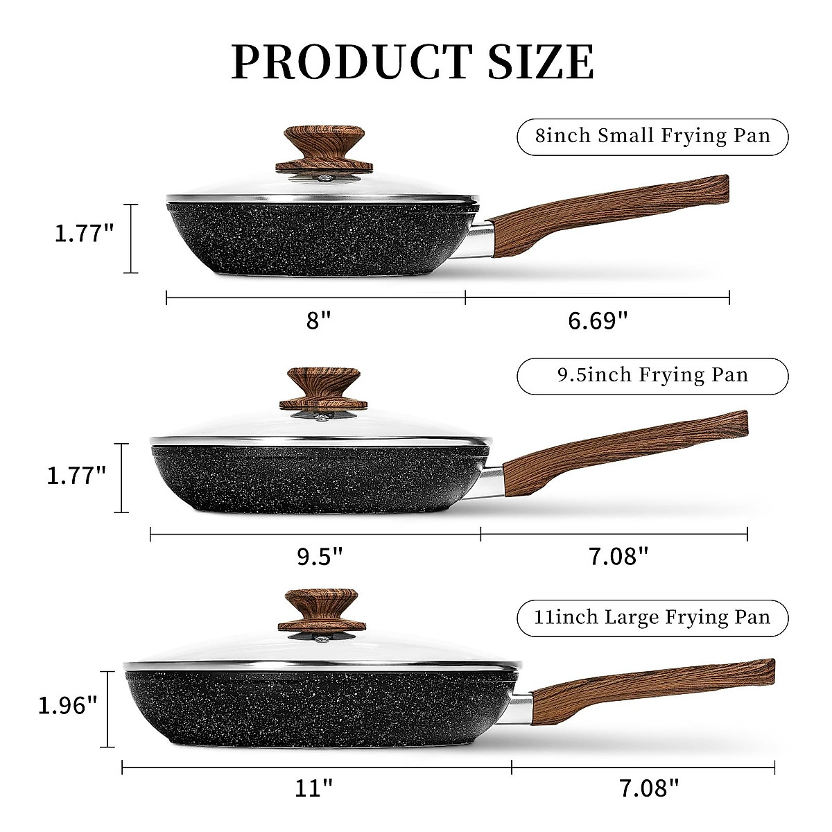 Frying Pan Set With Lids, Non Stick Pans Set Of 3, Nonstick Skillet Pans Set Egg Omelette Pans W/Lid, Non Toxic Cooking Kitchen Pan Set Induction Skillets, PFOA Free, Black