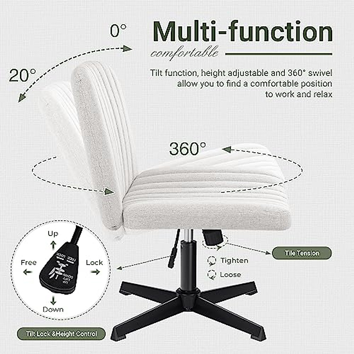 Flamaker Desk Chair No Wheels Arms, Armless Office Chair with Ottoman, Cross Legged Wide Fabric Padded Home Office Chair Task Chair for Living Room (Beige)