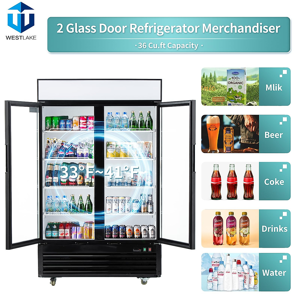 WESTLAKE Merchandiser Commercial Display Refrigerator Glass Door Section Reach-in Glass Door Upright Fan Cooling