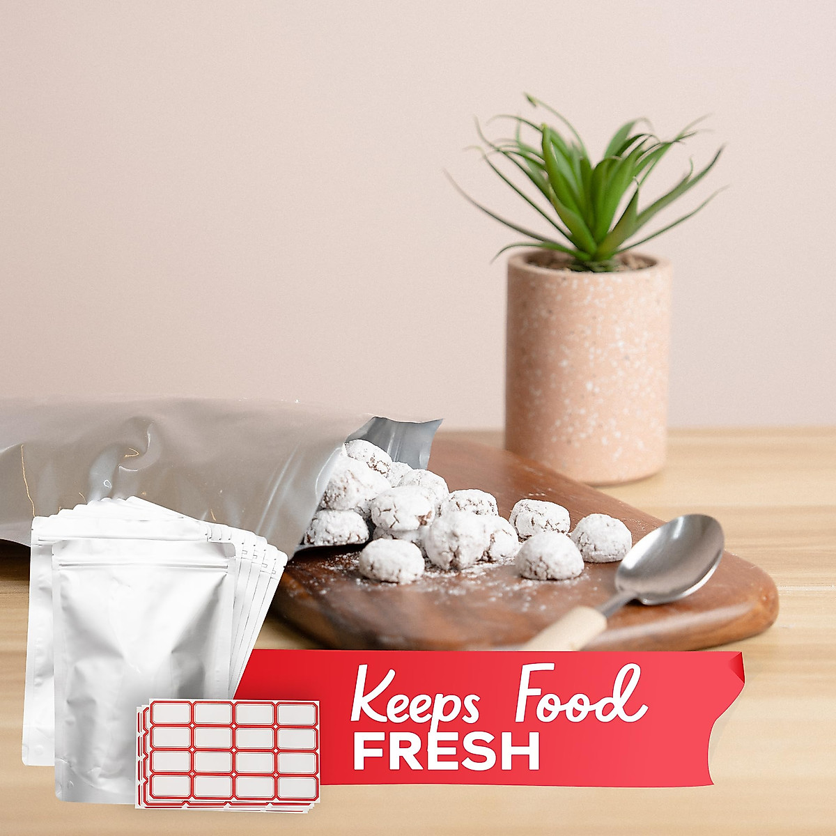 XFasten Resealable Mylar Bags for Food Storage with 112 Labels 1 Quart 7" x 10" (100-Pack) Resealable Bags for Small Business Resealable Mylar Bag for Food Preservation, Sealable Bags for Packaging