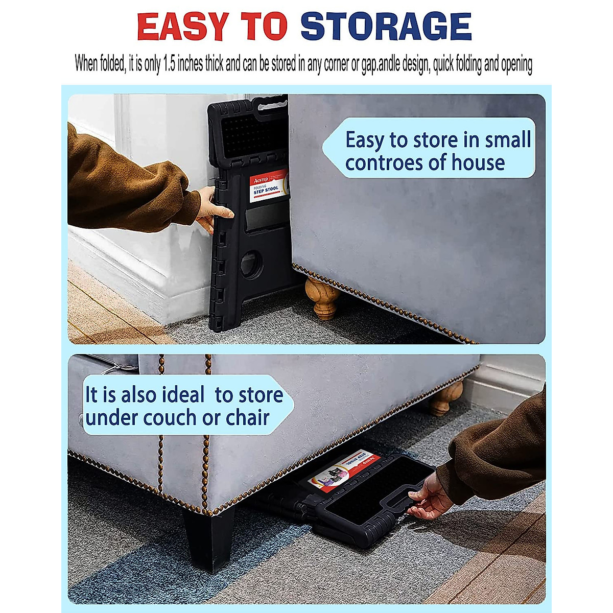 ACSTEP 18 Inch Folding Step Stools for Adults and Kids, Non-Slip Foldable Plastic Collapsible Stepping Stool with Handle Holds Up to 300 LBS Dot Black (1 Pack)