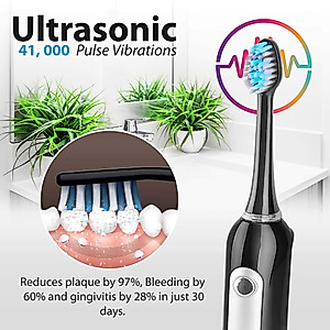 Pyle Health Ultra Sonic Wave Rechargeable Electric Toothbrush with 3 Brush Modes, Two Minute Timer, 2 Oral Brush Heads, Automatic Charging Dock Holder - for Kids, Teens, Adults - PHLTB41BK.5 (Black)