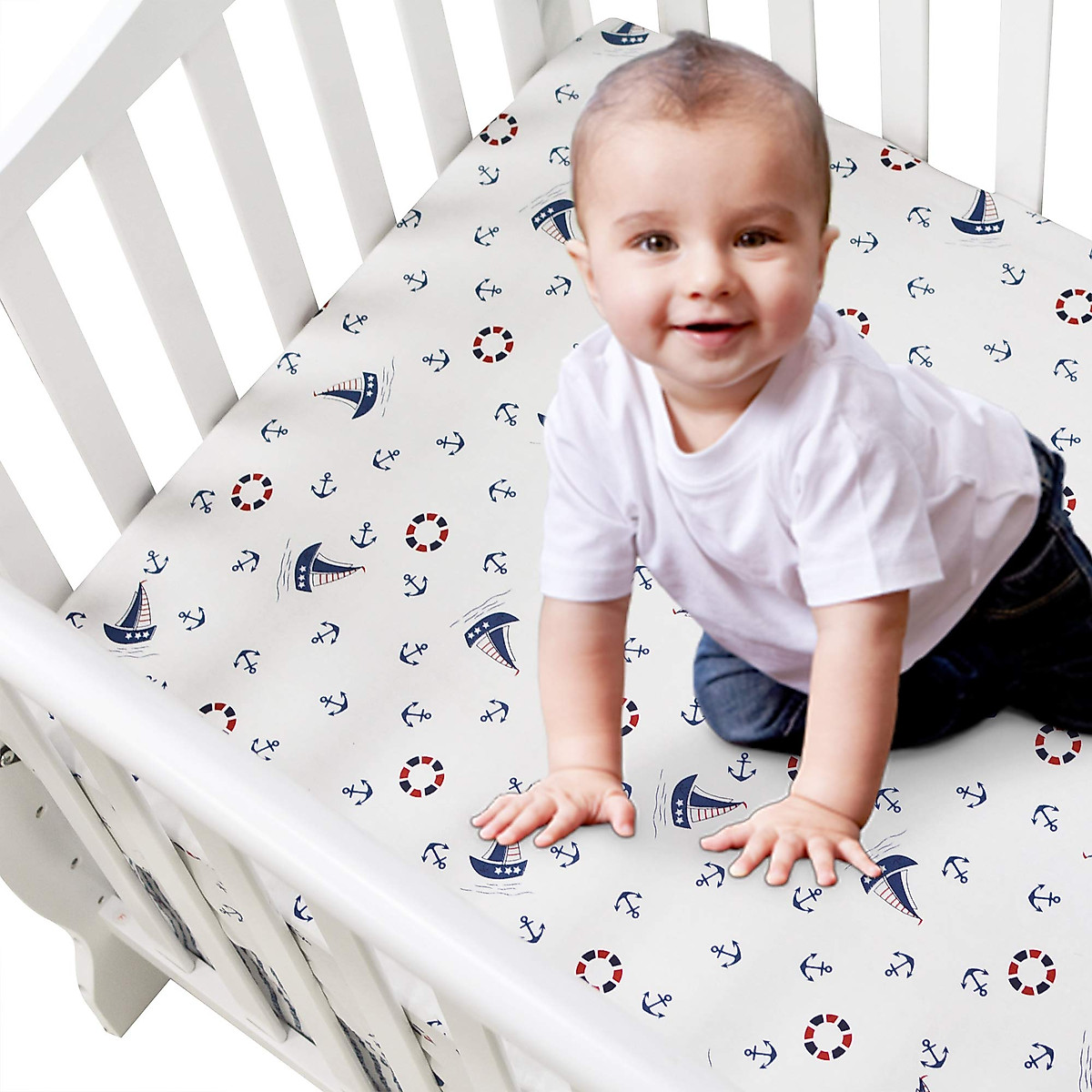 Brandream Baby Crib Bedding Set for Boys Coastal Ocean Anchor Nautical Boys Nursery Bedding Set with 2 Packs Crib Sheets, White & Navy Blue, 4 Pieces Sail Away Theme