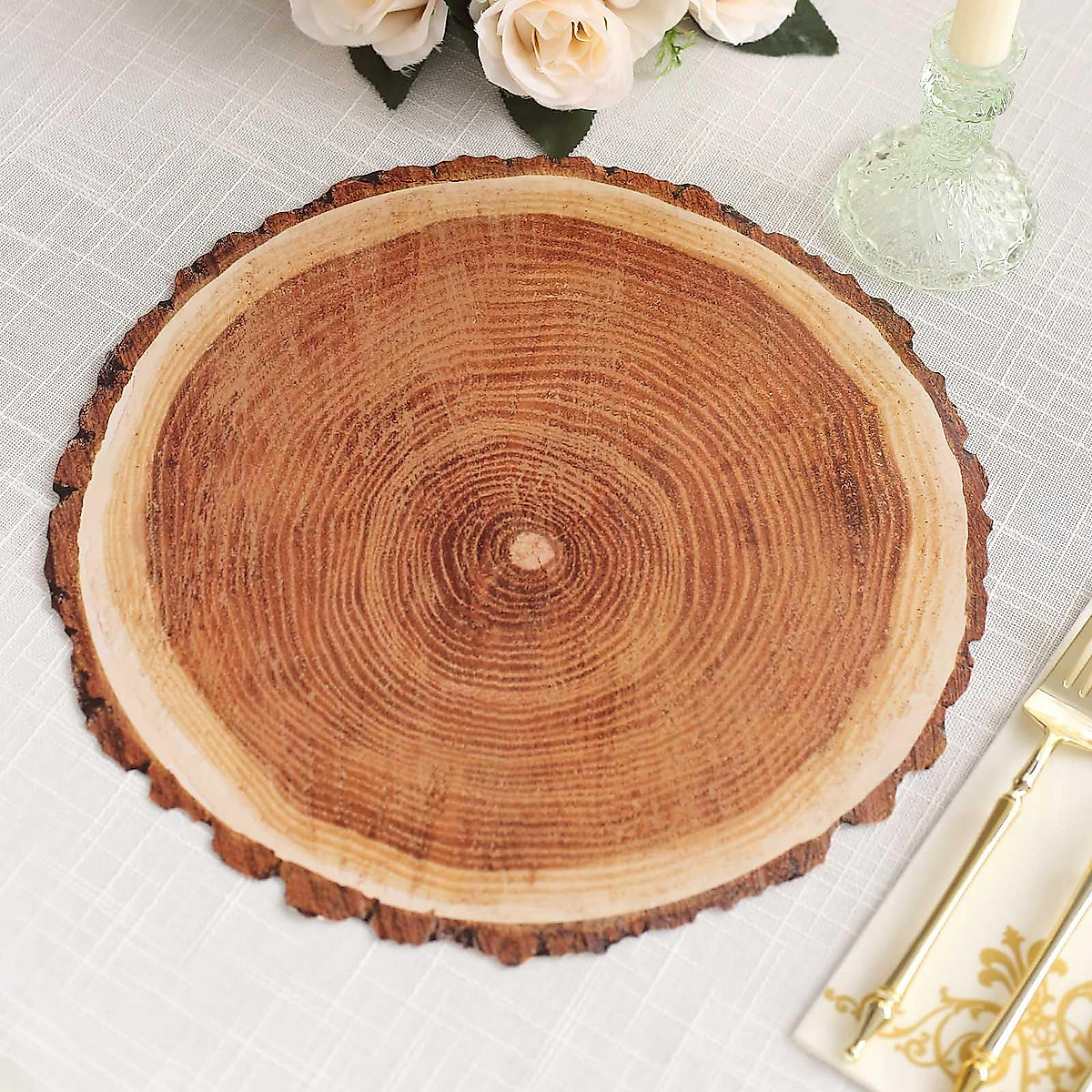 Efavormart 6 Pack | 13" Rustic Natural Wood Slice Design Disposable Serving Trays, Round Farmhouse Paper Charger Plates