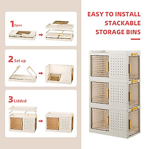 60QT Lockable Stackable Storage Bins with Lids,Plastic Storage Bins with Lids,Hooks, Wheel,Two-door, Folding Storage box,Collapsible Storage Bins Containers Closet Organizers for Bedrooms,3 Pack Cubes