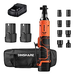 DINSHARE 3/8 Orange Metal Electric Ratchet Wrench Set, 16.8V, 45ft-lbs, 400 RPM, 2 Batteries, 1 Charger, 1 Nylon Storage Bag, 8 Removable Sockets