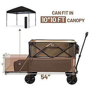 TIMBER RIDGE Folding Double Decker Wagon, Heavy Duty Collapsible Wagon Cart with 54" Lower Decker, All-Terrain Big Wheels for Camping, Sports, Shopping, Garden and Beach, Support Up to 225lbs, Brown