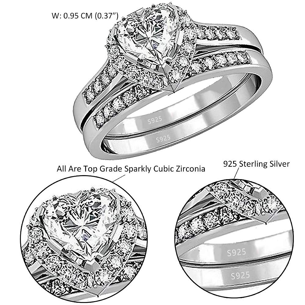 MABELLA Sterling Silver Cubic Zirconia Promise Rings Women Wedding Band Heart Engagement Ring Bridal Set