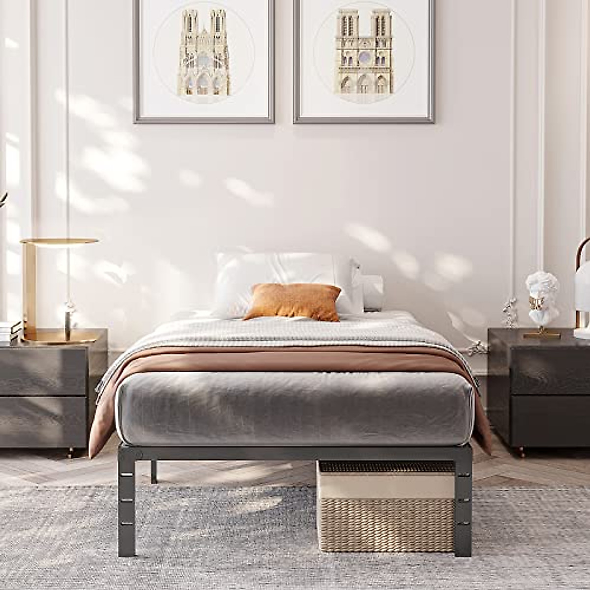 zunatu 14 Inch Twin Metal Bed Frame Foundation No Box Spring Needed Heavy Duty Tall Platform with Large Storage Easy Assembly Mattress Noise Free, Black