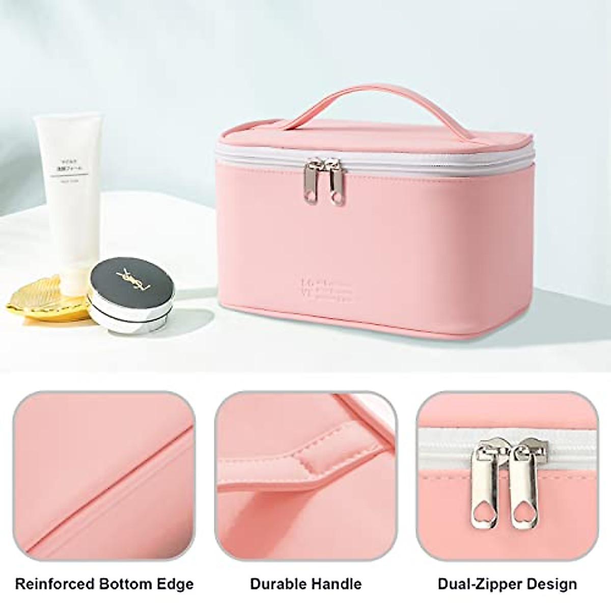 Makeup Bag Portable Travel Cosmetic Bag for Women, Beauty Zipper Makeup Organizer PU Leather Washable Waterproof (Pink)
