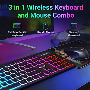 AULA Wireless Keyboard and Mouse Combo, RGB Backlit, Rechargeable & 2.4GHz Quiet Wireless Gaming Keyboard Mouse, Full-Size Ergonomic Keyboard Mouse & Mousepad Combo for PC, Windows and Mac