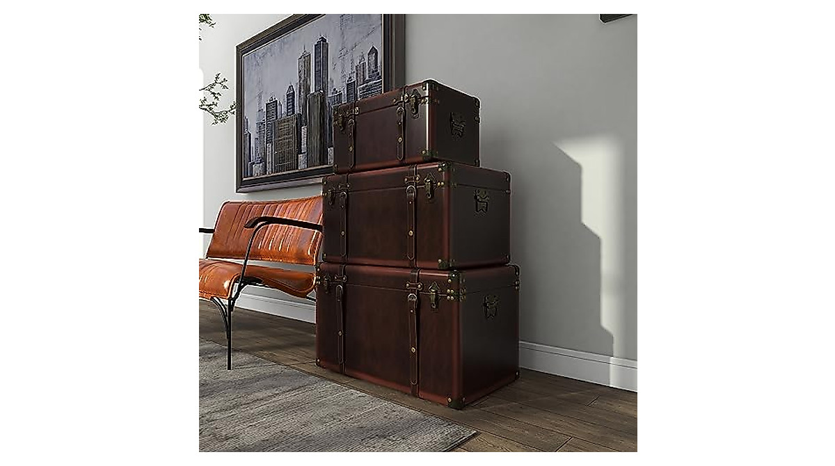 Deco 79 Faux Leather Storage Trunks - Set of 3