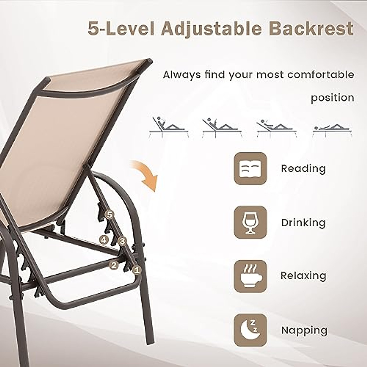 Giantex Set of 2 Adjustable Patio Chaise Lounge, Outdoor Folding Lounge Recliner Chairs w/Adjustable Backrest, Sturdy Metal Frame, Sunbathing Chair for Beach, Yard, Balcony, Poolside(Brown)