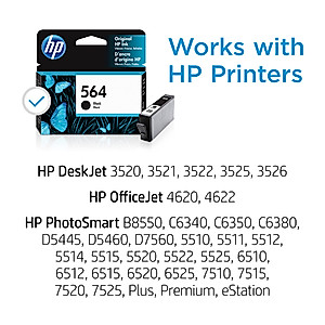 Original HP 564 Black Ink Cartridge | Works with DeskJet 3500; OfficeJet 4620; PhotoSmart B8550, C6300, D5400, D7560, 5510, 5520, 6510, 6520, 7510, 7520, Plus, Premium, eStation Series | CB316WN