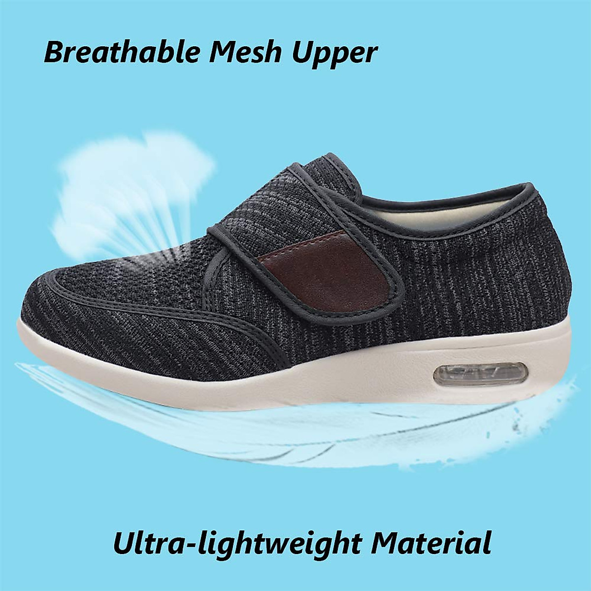 W&LESVAGO Men's Extra Wide Diabetic Edema Adjustable Slippers, Air Cushion Lightweight Walking Shoes Comfort for Elderly Indoor/Outdoor(Black Grey, 11)