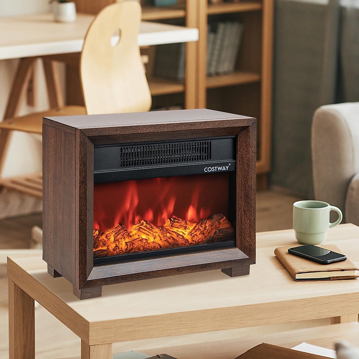 COSTWAY 13 Inch Small Electric Fireplace Heater, Mini Wooden Fireplaces Stove w/Vivid Flame Effect, Overheat Protection, 750W Portable Tabletop Fireplace for Indoor Use, Living Room, Bedroom, Brow