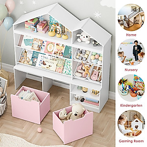 FACBOTALL 2 Tier Book Shelf for Books and Toy Storage, Toy Organizers and Storage with 2 Drawers and 4 Mobile Toy Boxes, Toy Storage Organizer for Living Room, Bedroom, Bookstore, Library