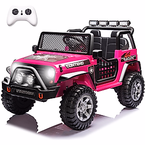 Sopbost 12v 7Ah 2-Seater Ride On Truck Electric Ride On Car for Kids w/Parent Remote Control Battery Powered Off-Road Ride on Toys w/Spring Suspension, LED Lights, Music (Pink)