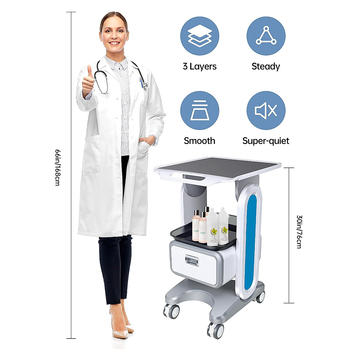 Professional Medical Trolley Cart with Wheels Mobile Ultrasound Cart Beauty Storage Utility Cart Rolling Cart with Drawer for Home Bedroom Salon Lab Hospital Dental Office Clinic