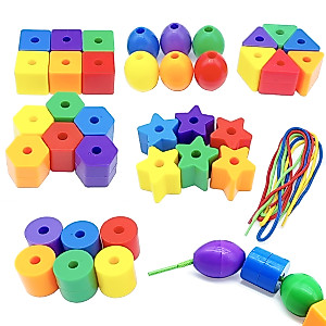 KUTOI Toddler Toys - Big Lacing Beads Set for Fine Motor Skills & Hand-Eye Coordination Baby Toys - 36 Beads & 6 Strings - Color Sorting & Counting Educational Learning Toy Montessori Toys