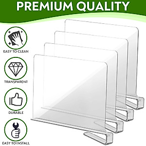 PJ Vital Clear Acrylic Shelf Dividers for Closet Organization Multi-Functional Plastic Divider Wood Shelves, Purse Organizer Cabinet 4 Pack in Kitchen, Bedroom, Bathroom and Office.