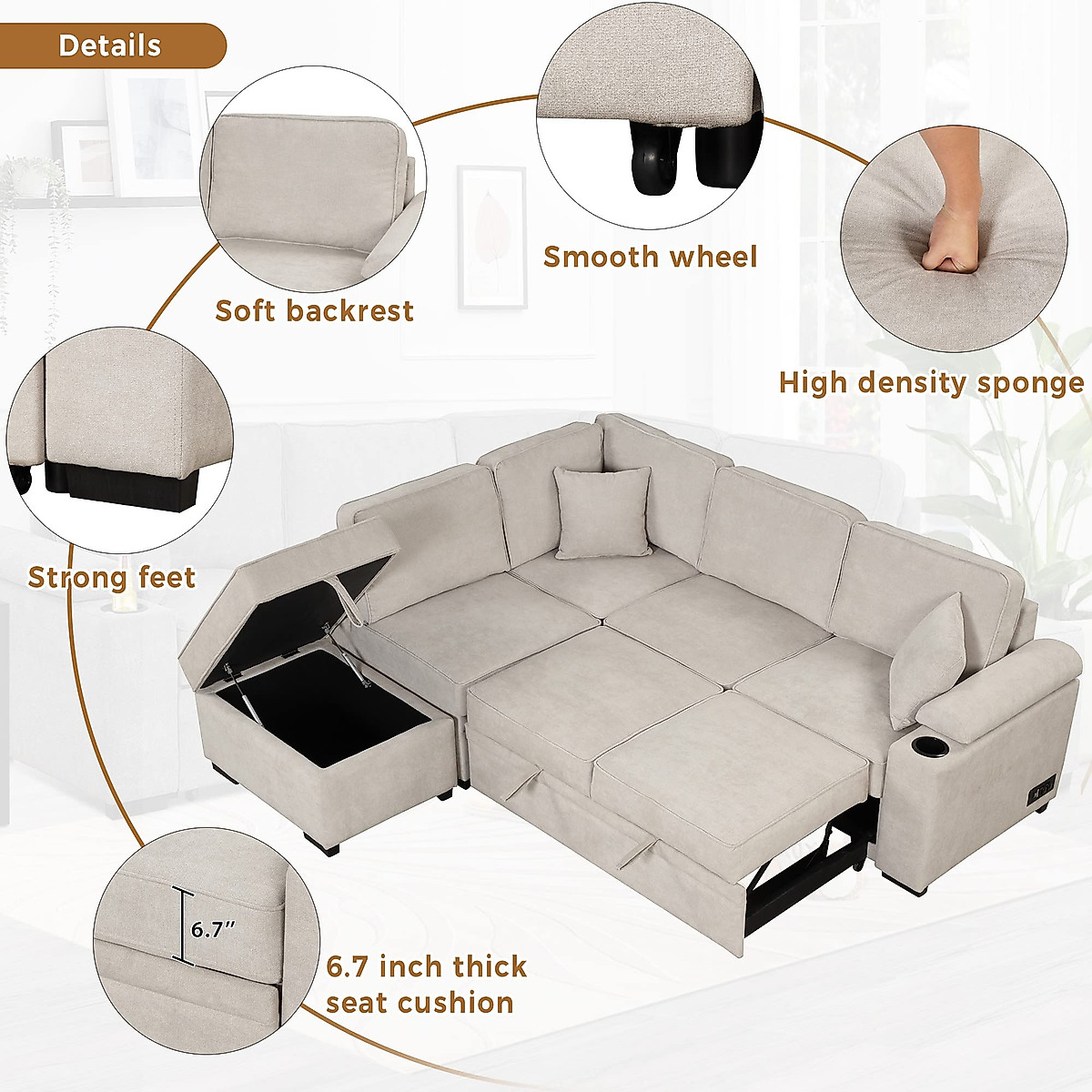 FREESNOOZE 2 in 1 Sleeper Sofa Bed, 84.75" Pull Out Couch Bed L Shape Couch with USB Charging Port, 3-pin Plug, Cup Holders, Storage Ottoman for Living Room/Bedroom/Small Apartment, Beige