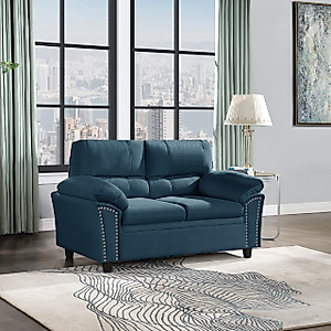 ERYE 2 Pieces Cushions Sectional Include 3 Seater Loveseat,Pillow-Top Armrest Velvet Upholstered Tufted Sofa & Couch W/Nailhead Decor for Home Office Apartment Living Room Furniture Sets, Blue 83.46"W