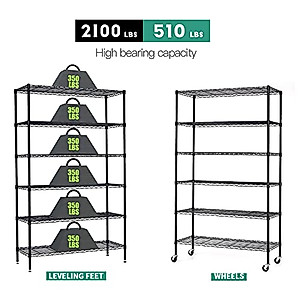 18x48x72 Inch Commercial Wire Shelving Unit with Wheels 6 Tier Heavy Duty Layer Rack Storage Metal Shelf Garage Organizer Wire Rack Shelving Adjustable Utility 2100 LBS Capacity with Casters,Black