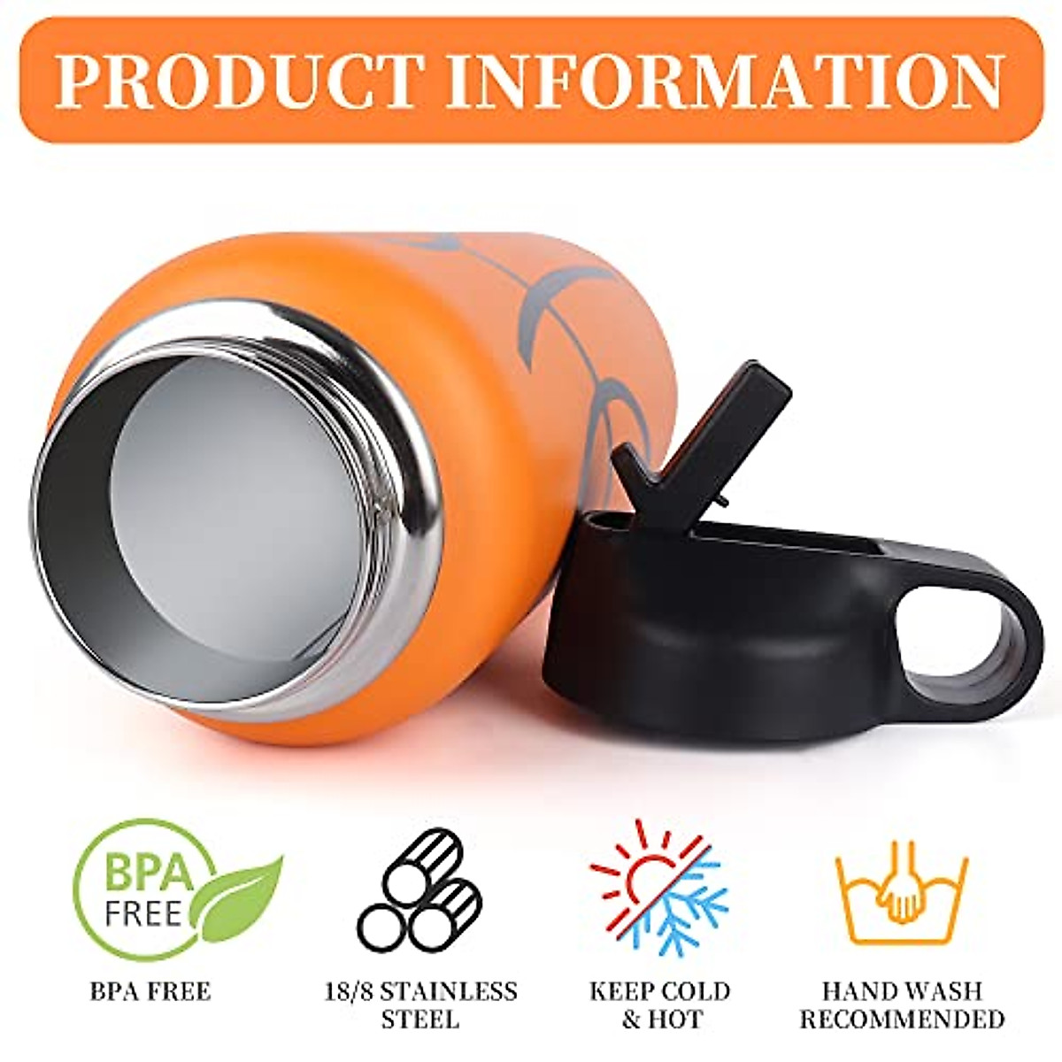 LaiChary 32oz Wide Mouth Basketball Water Bottle with Two Lids(Straw, Handle Lid), 18/8 Stainless Steel Vacuum Insulated for Travel & Sport Cup. (Basketball Brown, 32oz)