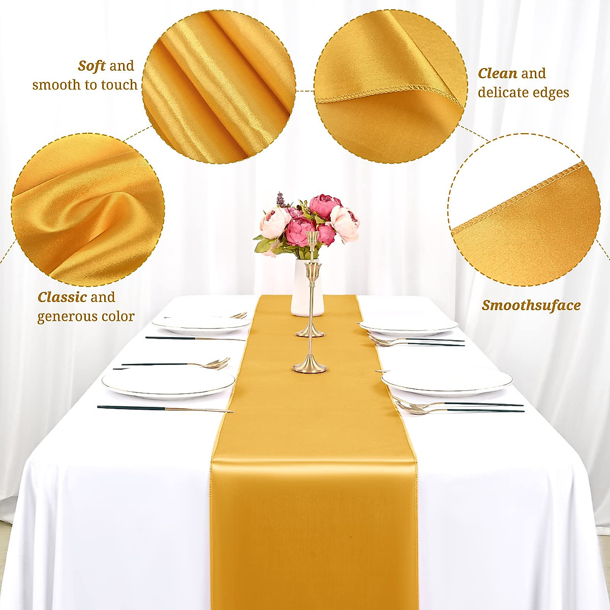 12 Pack Gold Satin Table Runner,12 x 108 inch Long Premium Smooth Table Runner for Wedding, Banquets, Birthday, Party, Graduation, Engagements, Table Runners fit Rectangle and Round Table